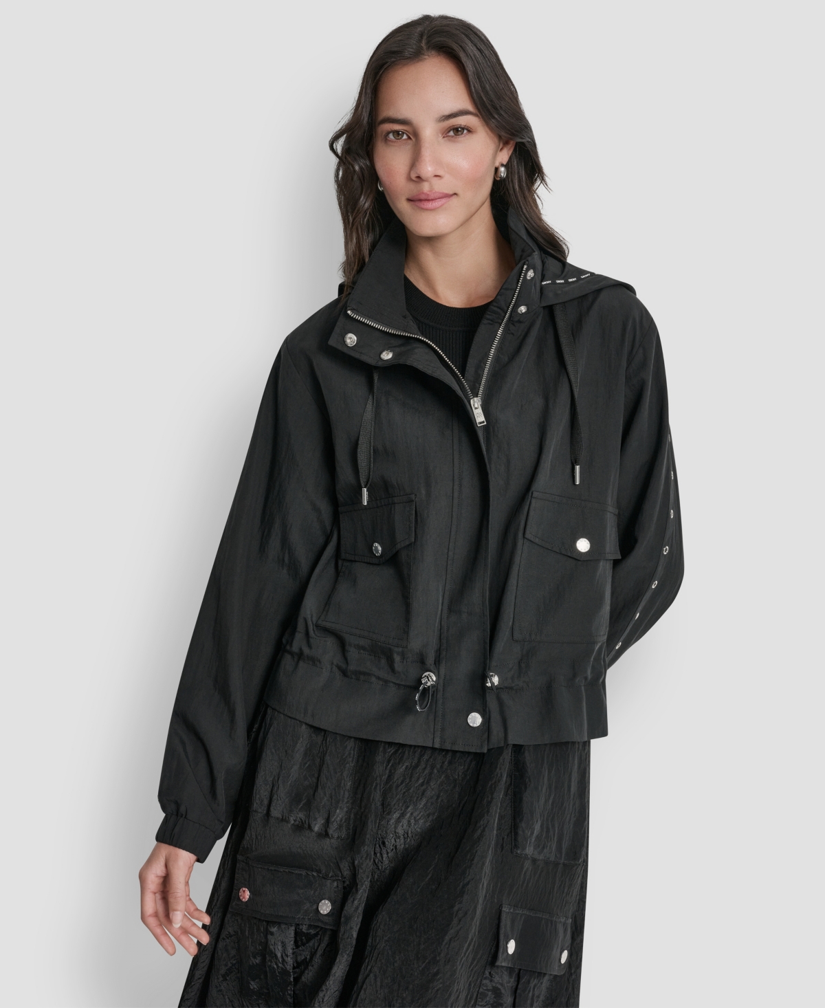 Click here for Dkny Womens Studded Hooded Anorak Jacket - Black prices