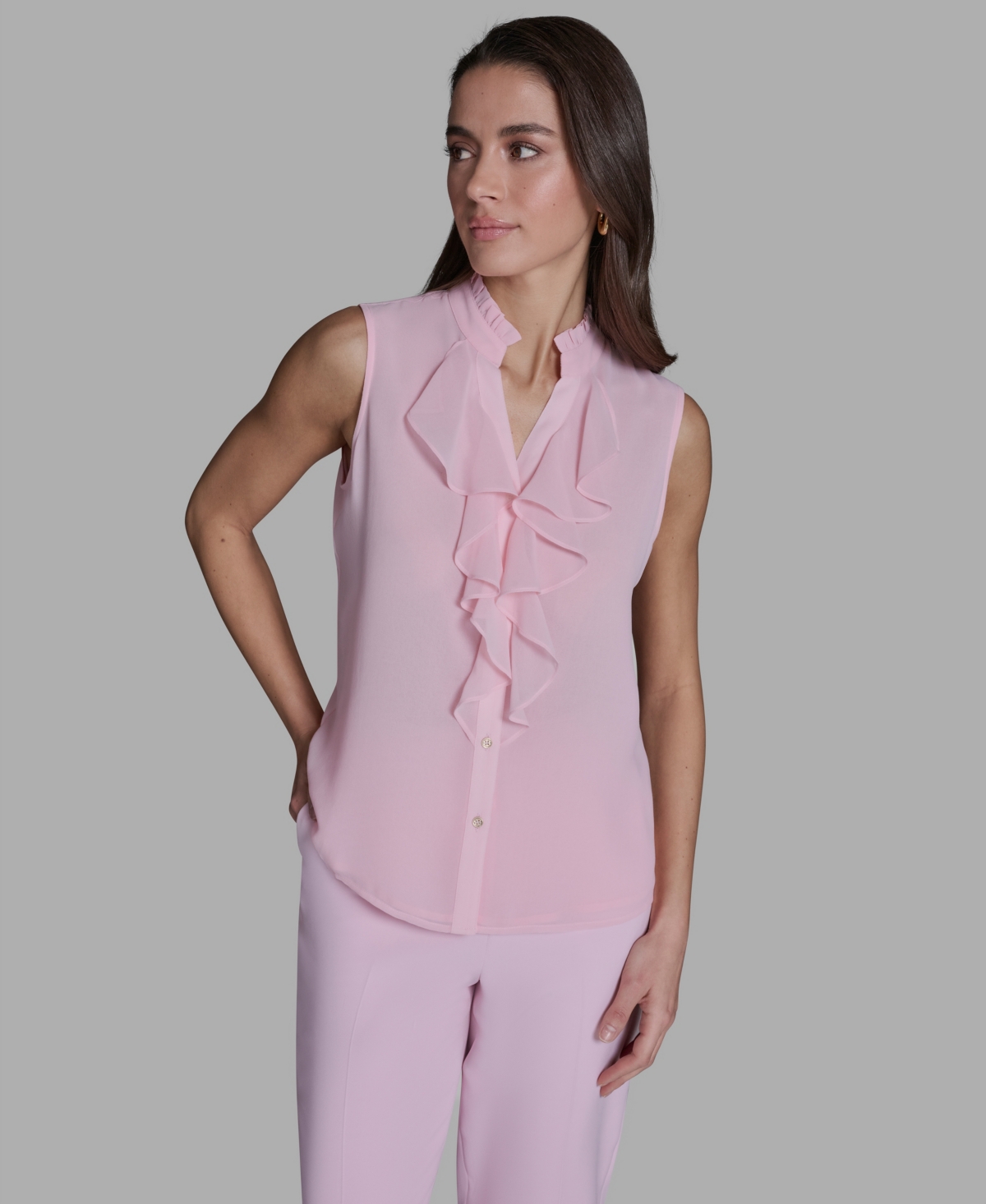 Click here for Bcbg Womens Sleeveless V-Neck Ruffle Front Blouse... prices