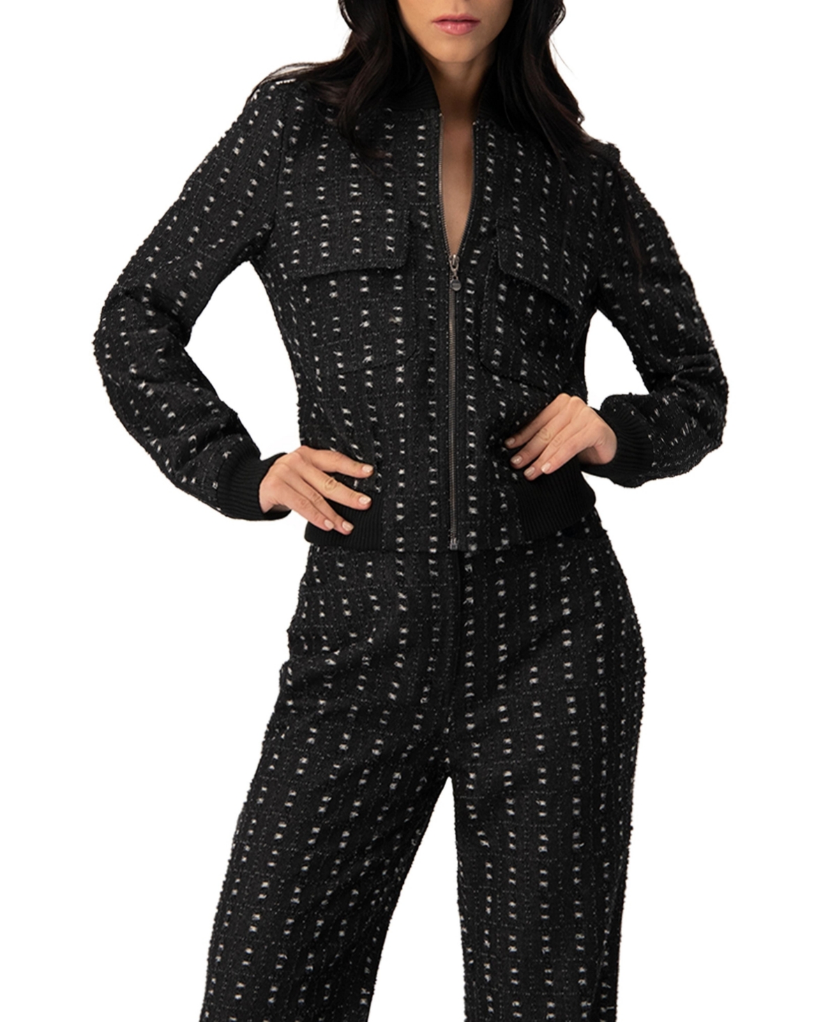 Click here for Ivonne Textured Denim Bomber Jacket with Front Zip... prices