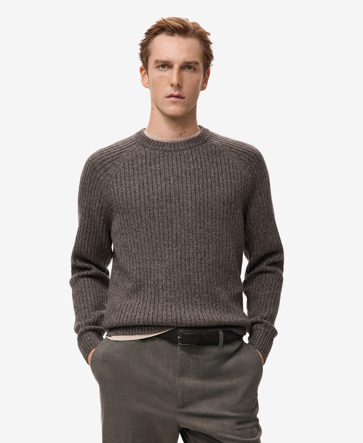 Click here for Mango Mens Wool-Blend Rib-Knit Sweater - Chocolate prices