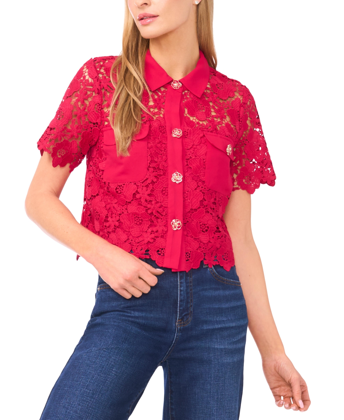Click here for CeCe Womens Collared Neck Short-Sleeve Top - Rose... prices