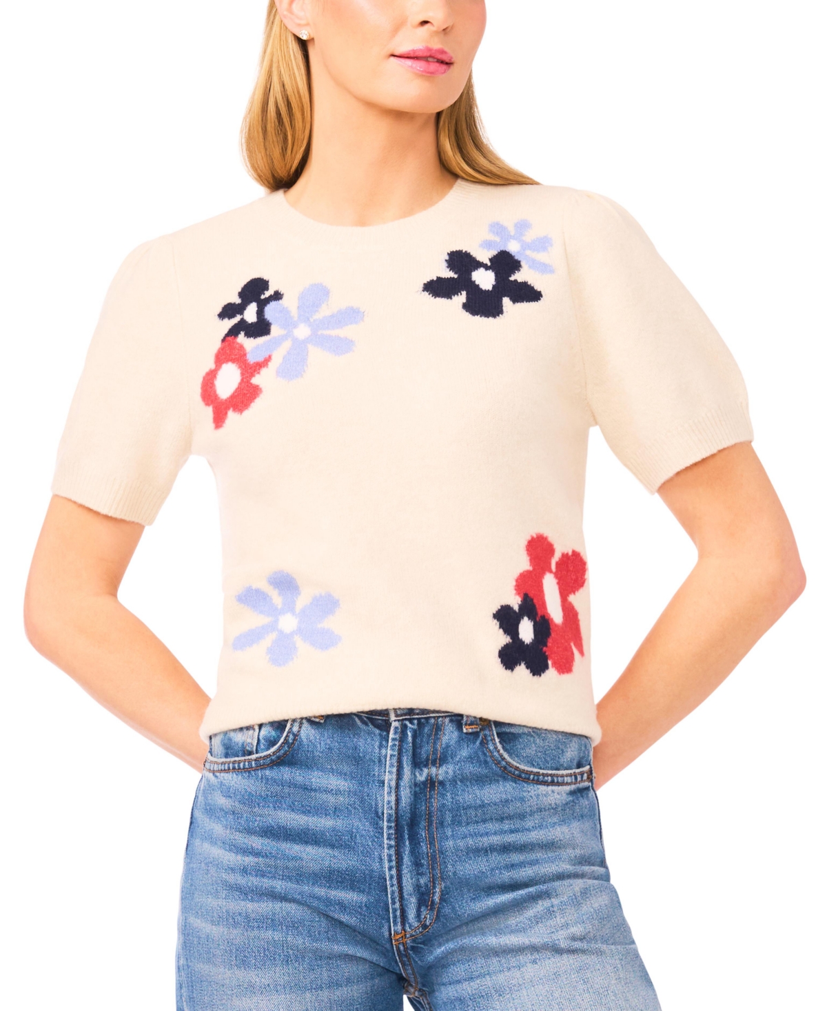 Click here for CeCe Womens Crewneck Flower Patterned Knit Short-S... prices