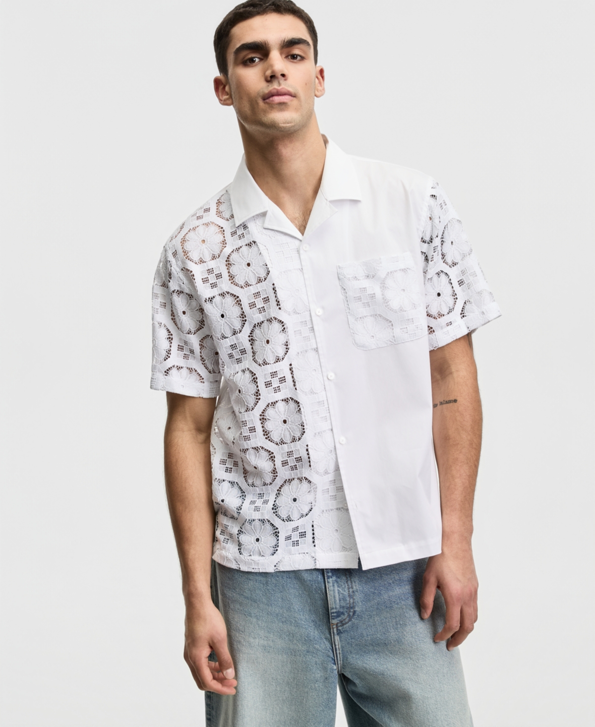 Click here for Mode of One Mens Relaxed-Fit Spliced Lace Short-Sl... prices