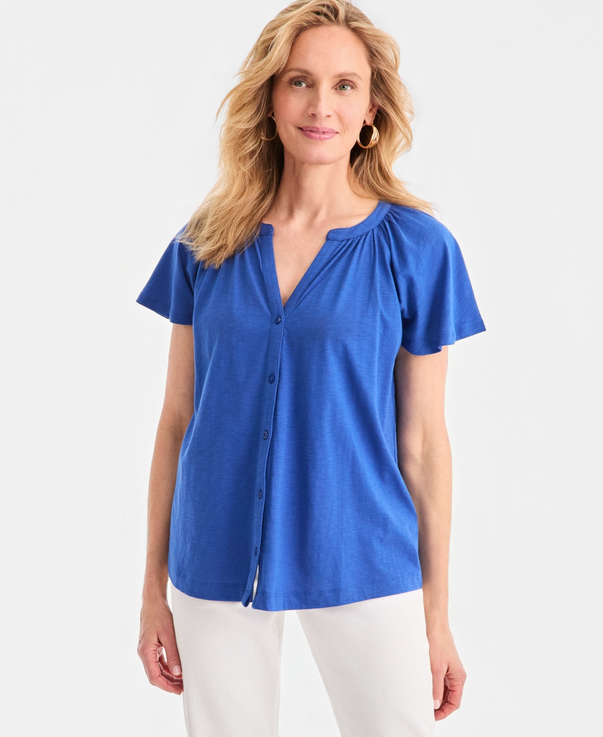Click here for Style & Co Womens Flutter-Sleeve Gathered-Neck Top... prices