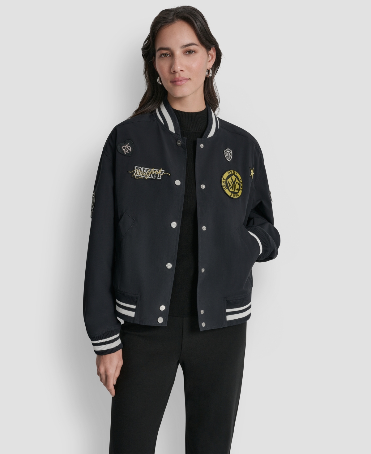 Click here for Dkny Womens 1989 Pins & Patches Snap-Front Varsity... prices