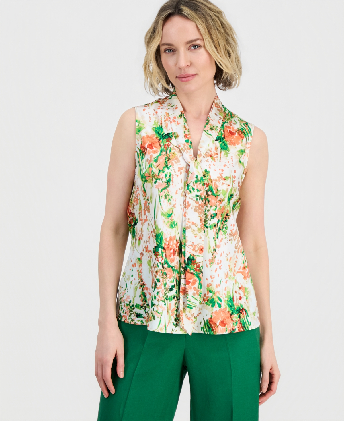 Click here for Kasper Womens Floral-Print Sleeveless Tie-Neck Top... prices