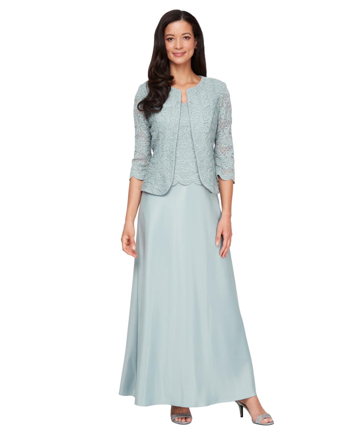 Click here for Alex Evenings Lace Jacket & Lace-Top Gown - Cornfl... prices
