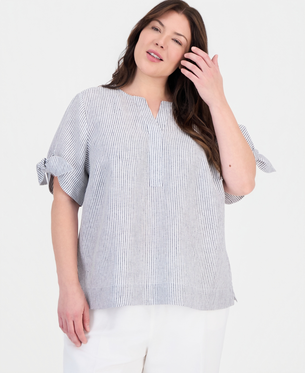 Click here for Charter Club Plus Size Beach Stripe Tie-Sleeve Lin... prices
