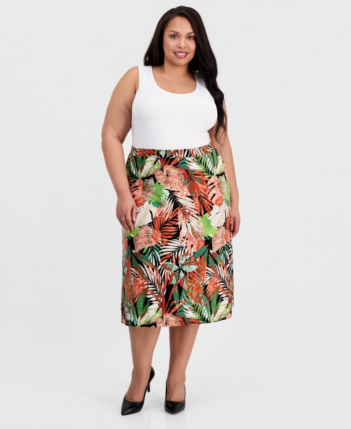 Click here for Kasper Plus Size Printed Pull-On Flare Midi Skirt... prices