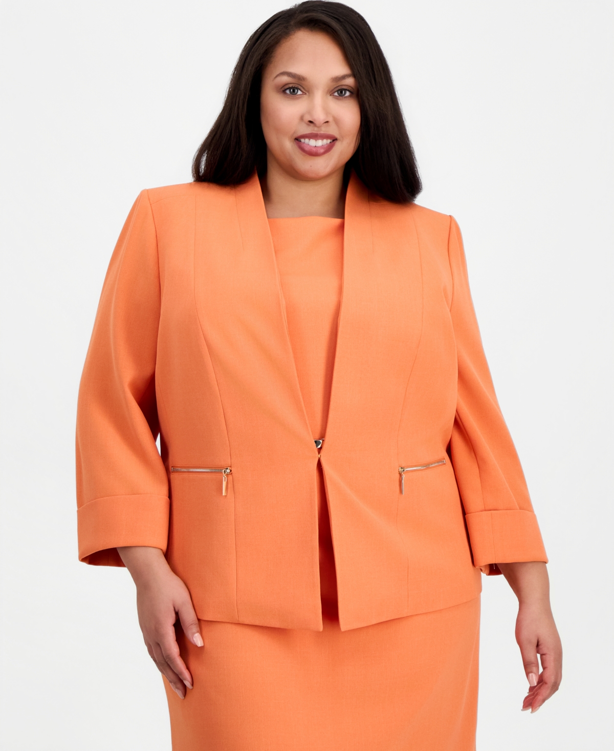 Kasper Plus Size 3/4-Sleeve Collarless Blazer - Mandarin