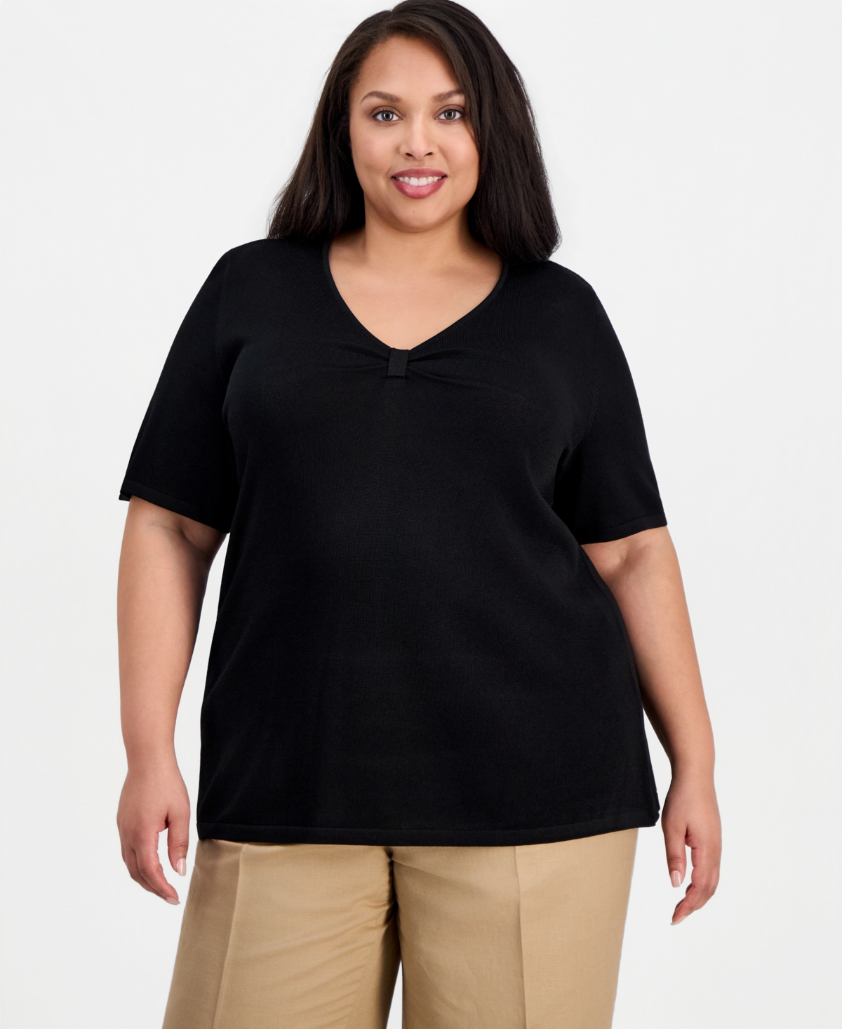 Click here for Kasper Plus Size V-Neck Short-Sleeve Knit Top - Bl... prices
