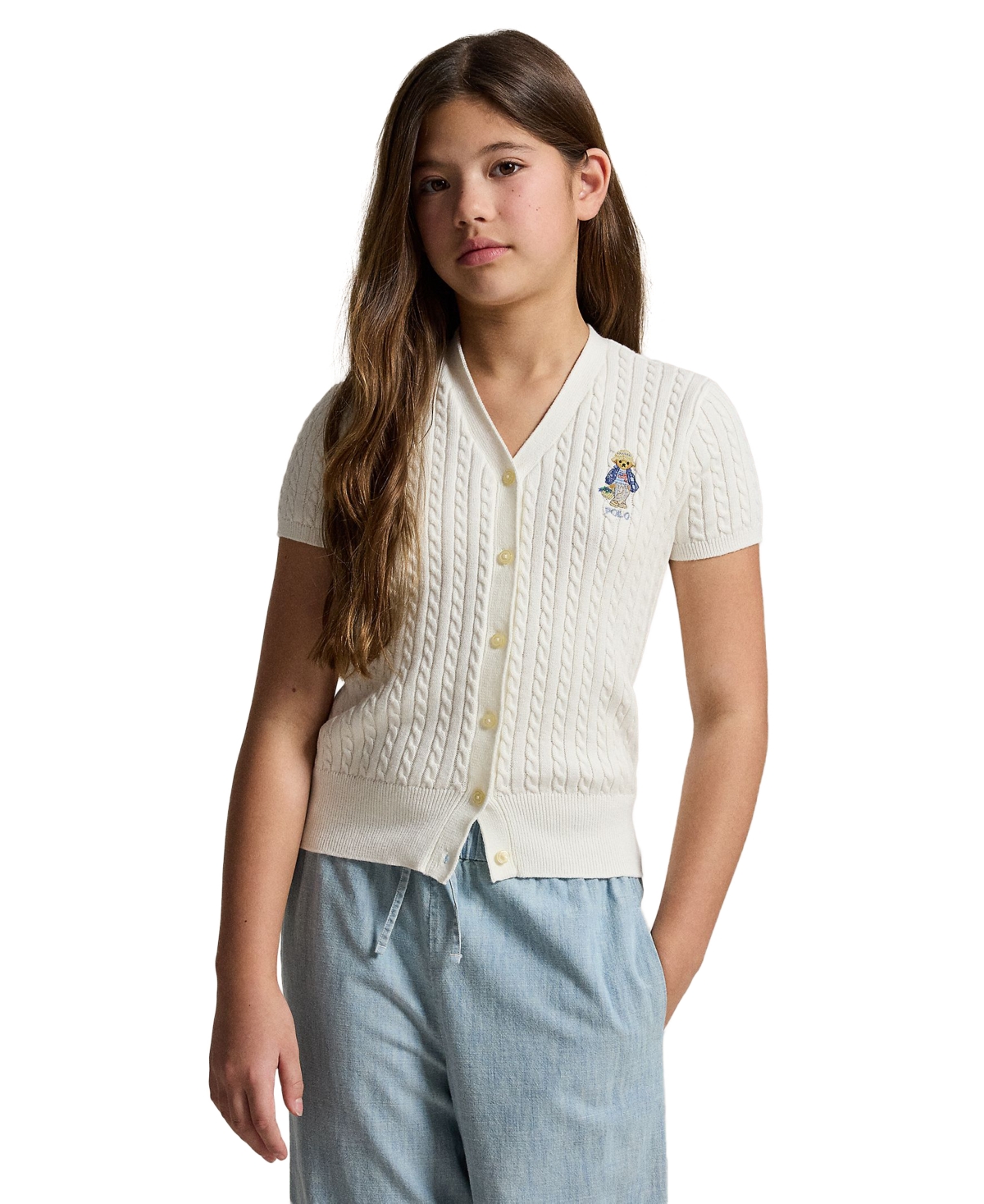 Click here for Polo Ralph Lauren Girls 7-16 Polo Bear Cable V-Nec... prices