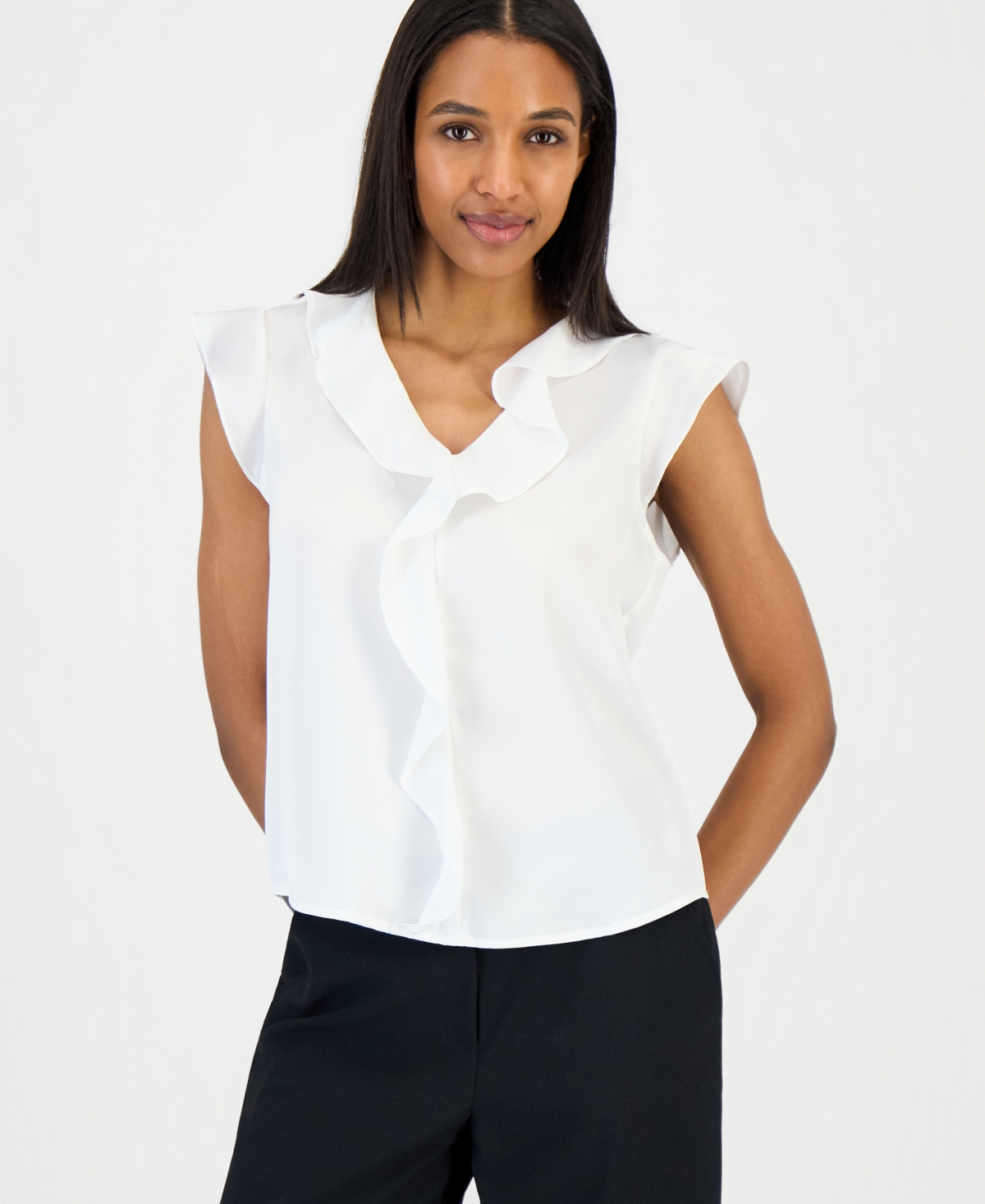 Click here for Tahari Asl Womens Ruffle-Trim Cap-Sleeve Blouse -... prices