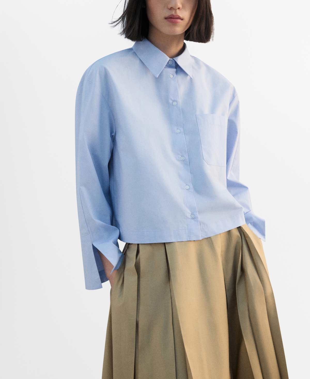 Click here for Mango Womens Pocket Cropped Shirt - Sky Blue prices