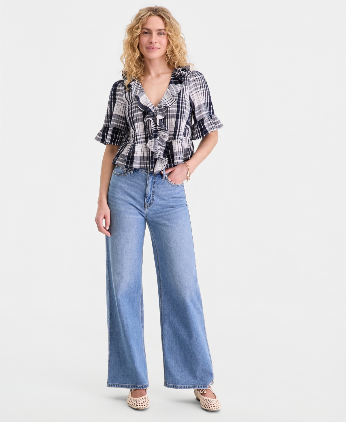 Click here for On 34th Womens Short Sleeve Ruffle-Front Cotton Bl... prices