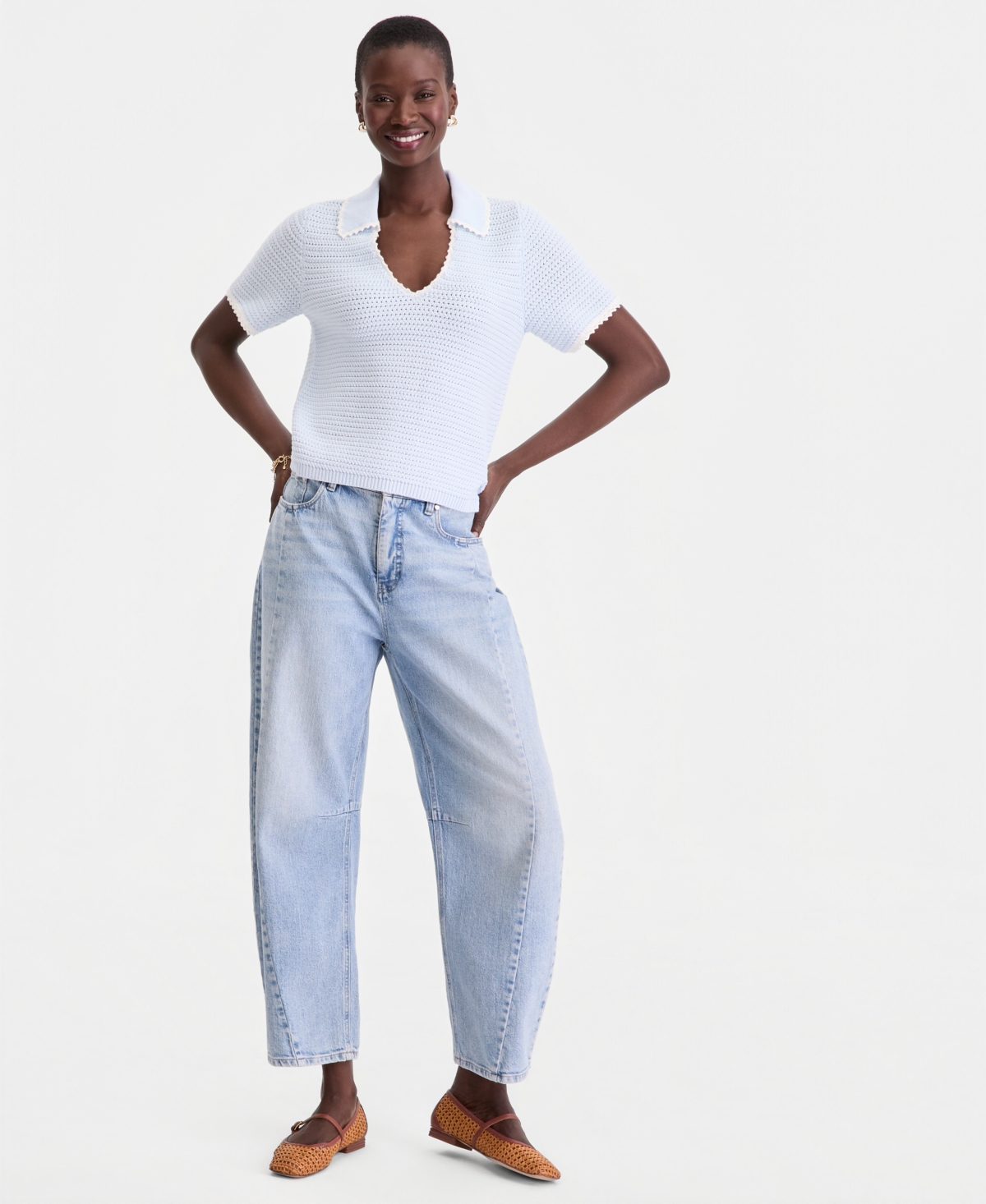 Click here for On 34th Womens Collared Short-Sleeve Crochet Sweat... prices