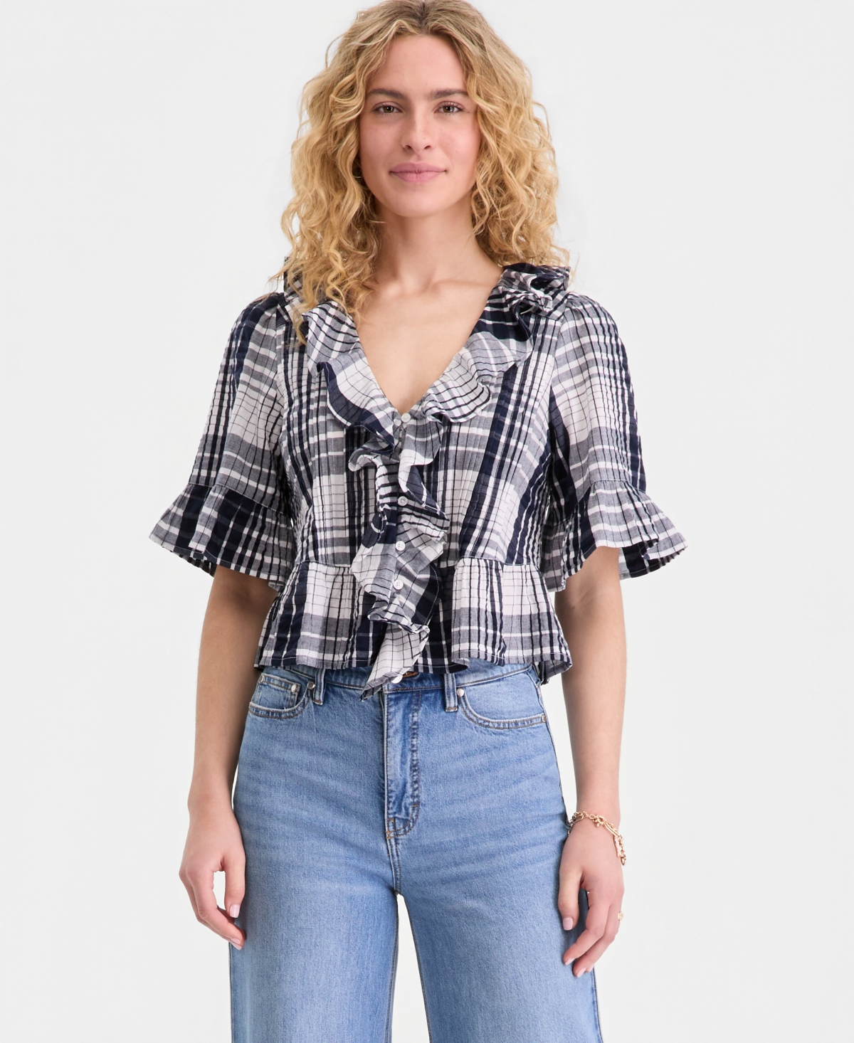Click here for On 34th Womens Short Sleeve Ruffle-Front Cotton Bl... prices