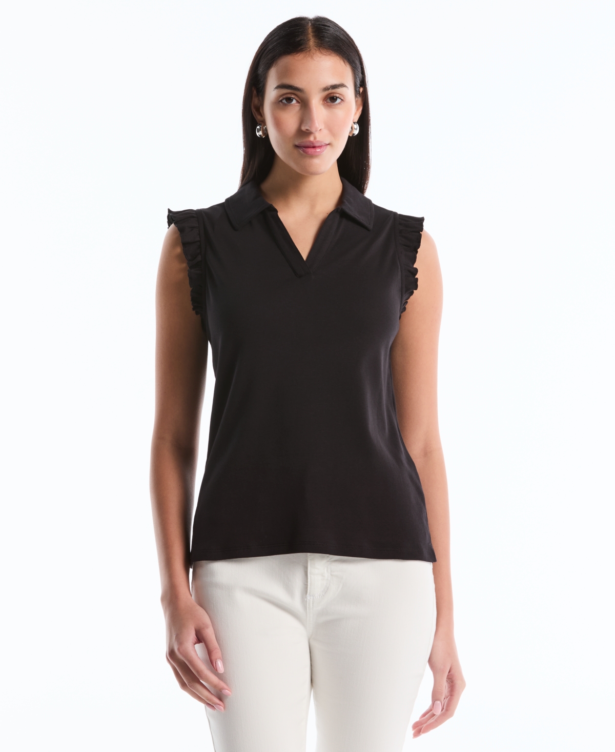 Click here for Rafaella Petite Ruffle Sleeveless Polo Shirt - Bla... prices