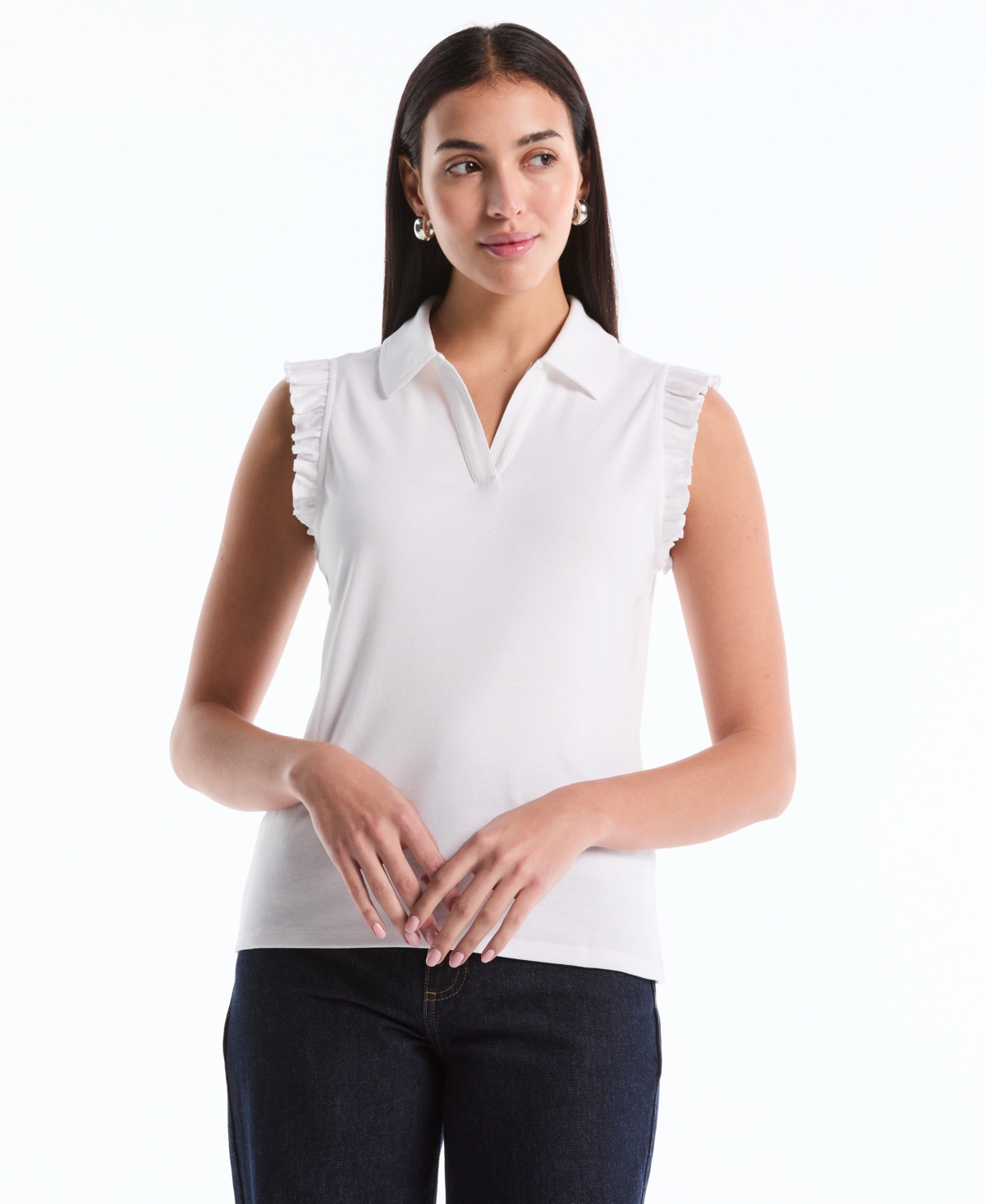 Click here for Rafaella Petite Ruffle Sleeveless Polo Shirt - Whi... prices