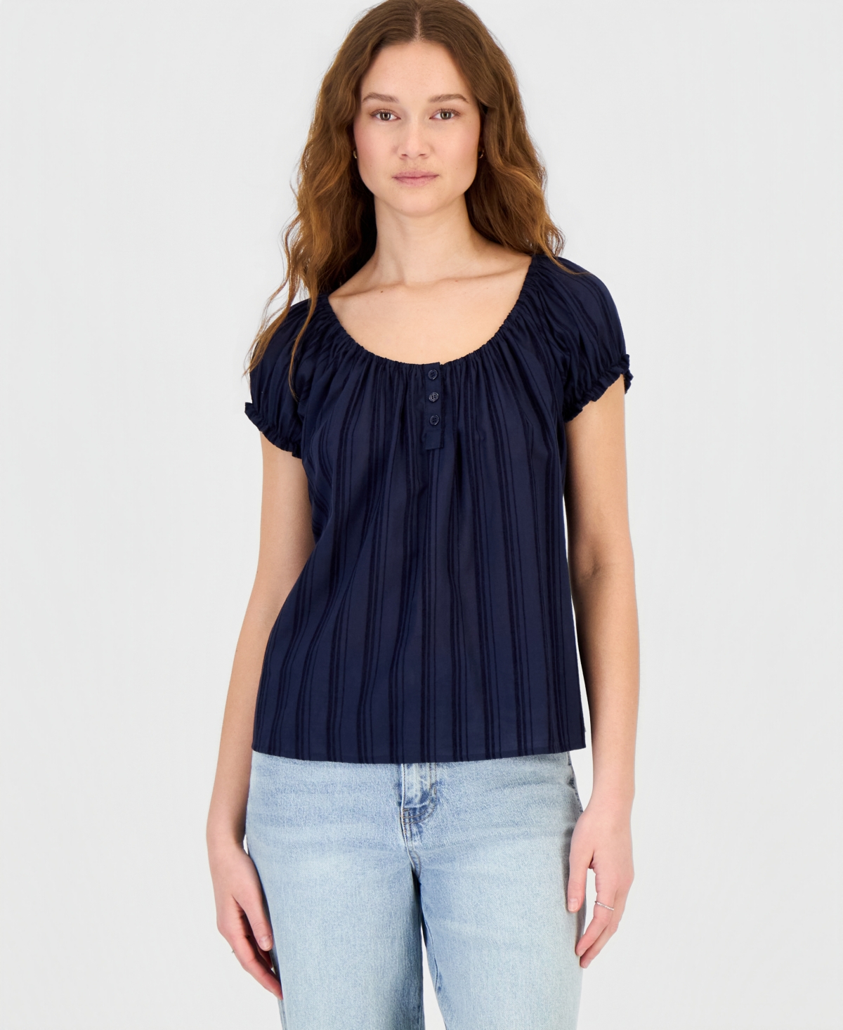 Click here for Self Esteem Juniors Puff Sleeve Tie Back Top - Nav... prices