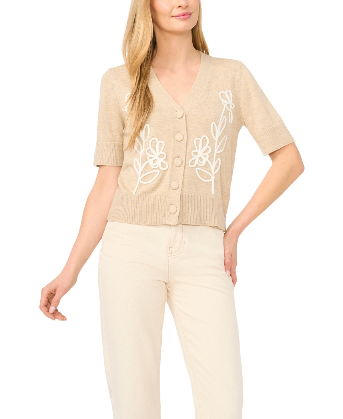 Click here for CeCe Womens Short-Sleeve V-Neck Cardigan - Oatmeal... prices
