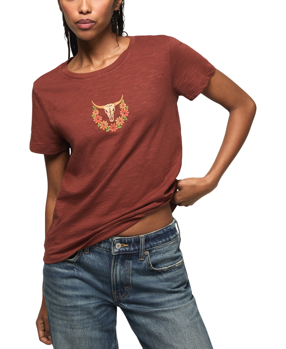 Click here for Lucky Brand Womens Floral Steer Skull Classic Crew... prices