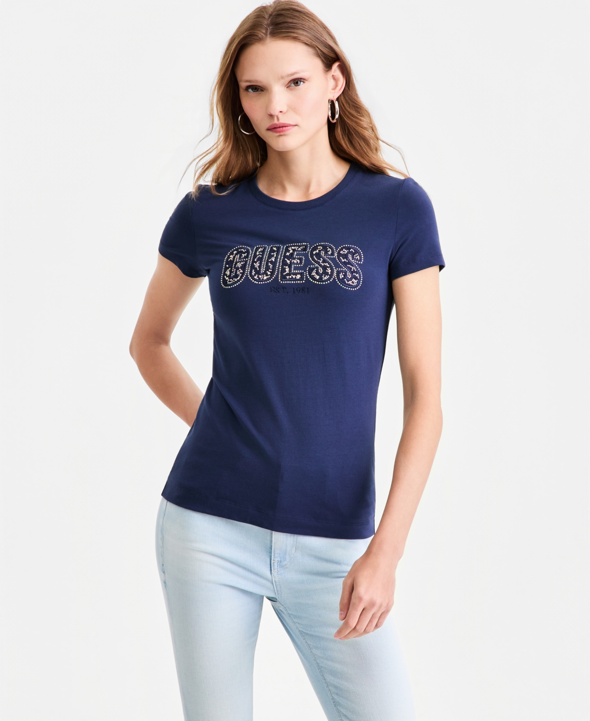 Click here for Guess Womens Embellished Lace Logo Short-Sleeve T-... prices