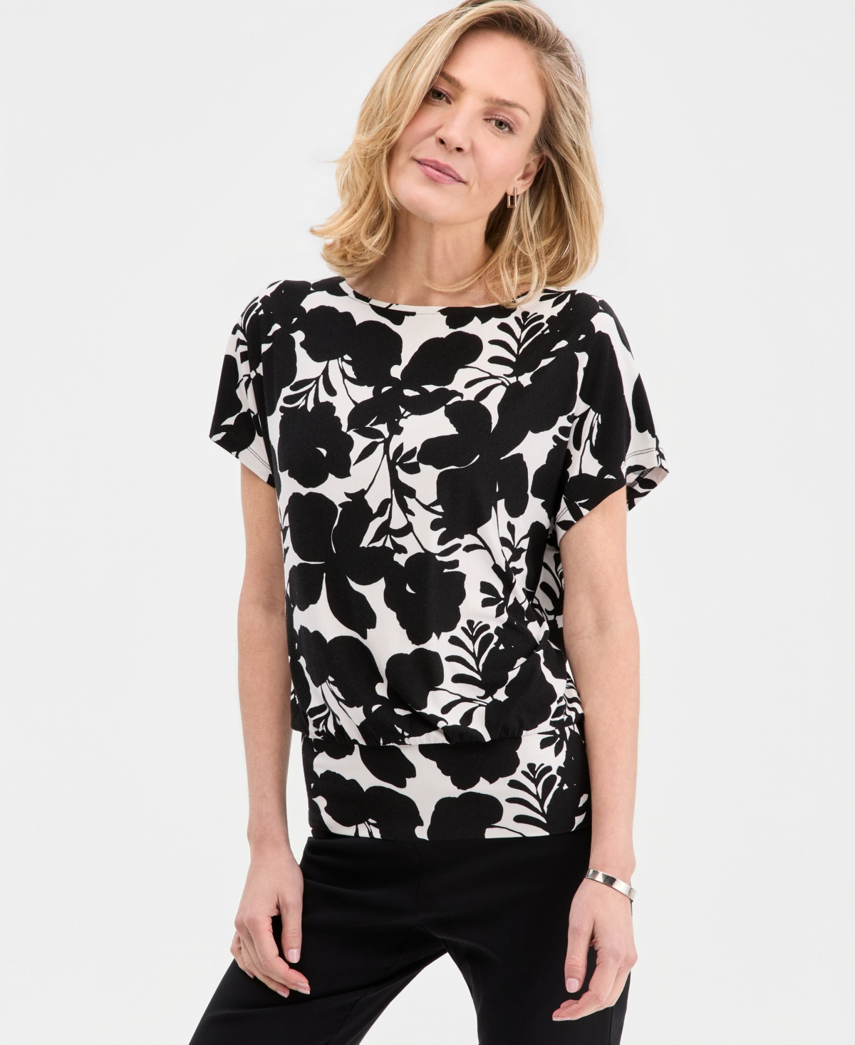 Click here for Jm Collection Womens Printed Banded-Hem Short-Slee... prices