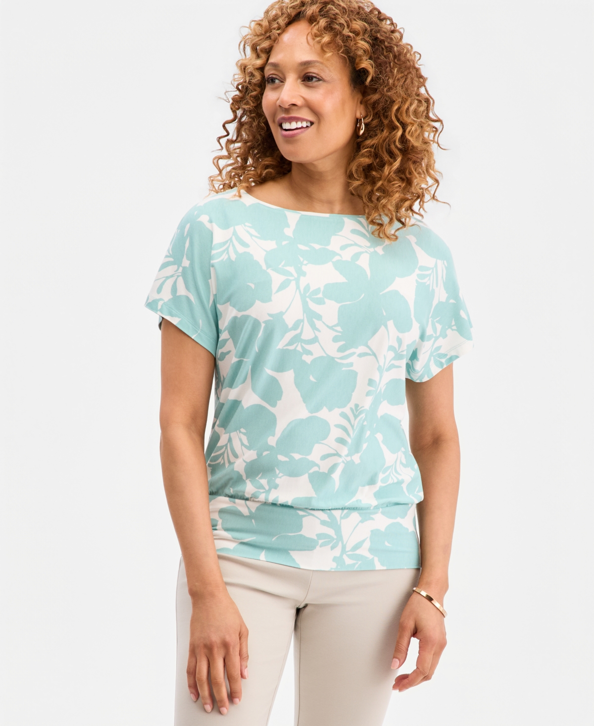 Click here for Jm Collection Womens Printed Banded-Hem Short-Slee... prices