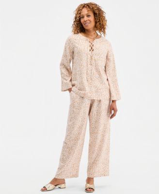 Click here for Jm Collection Womens Printed Lace Up Linen Blend T... prices