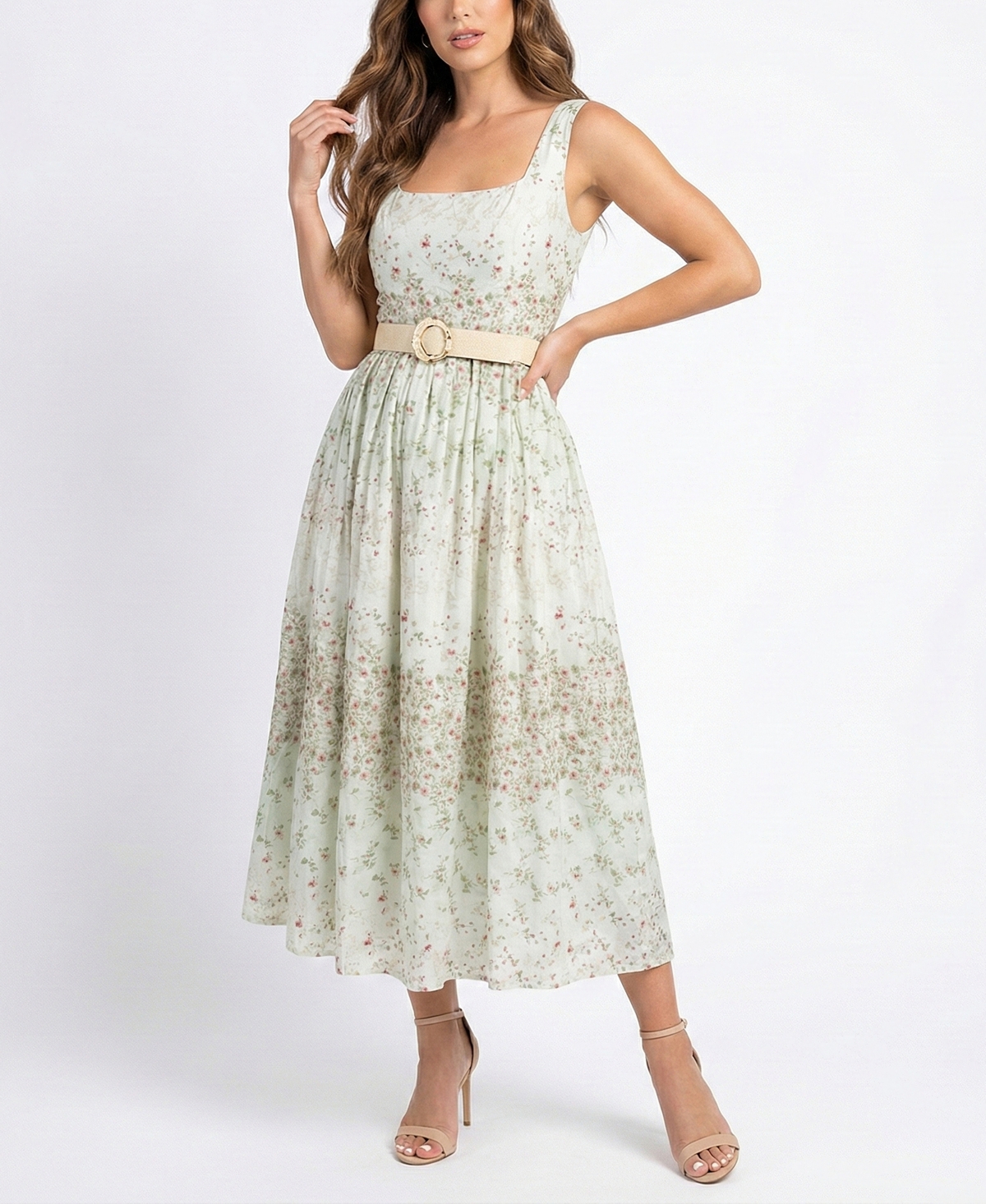 Click here for Taylor Petite Scoop Neck Belted Dress - Sage/bloom prices