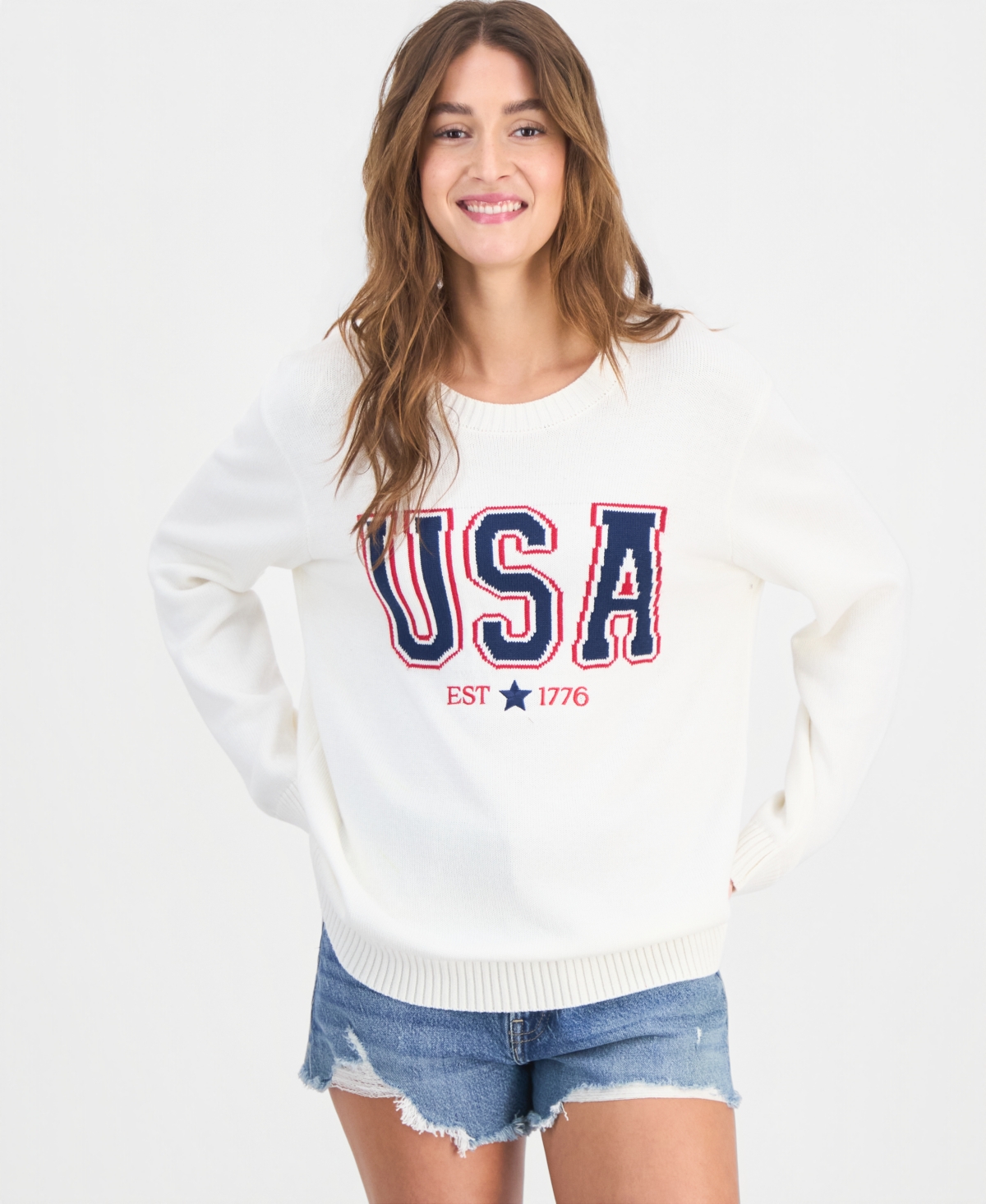 Click here for Hooked Up by Iot Juniors Usa Crewneck Sweater - Cr... prices