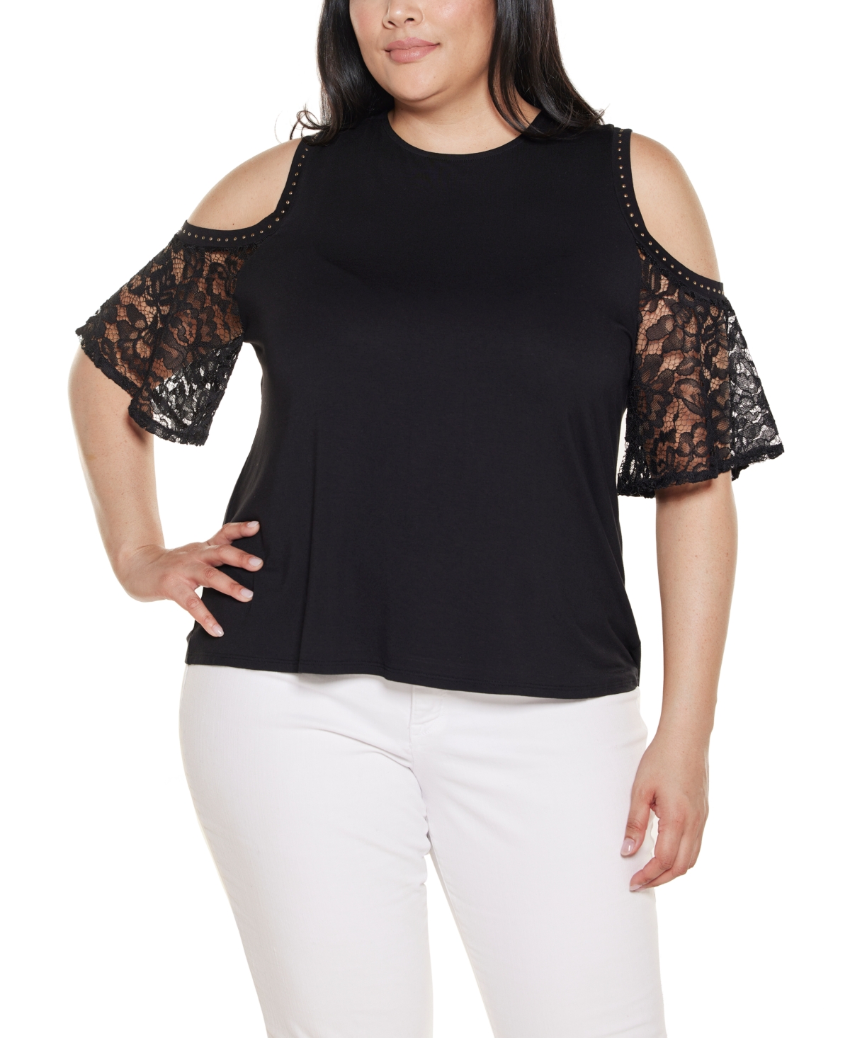 Click here for Belldini Plus Size Crochet Lace Cold-Shoulder Top... prices