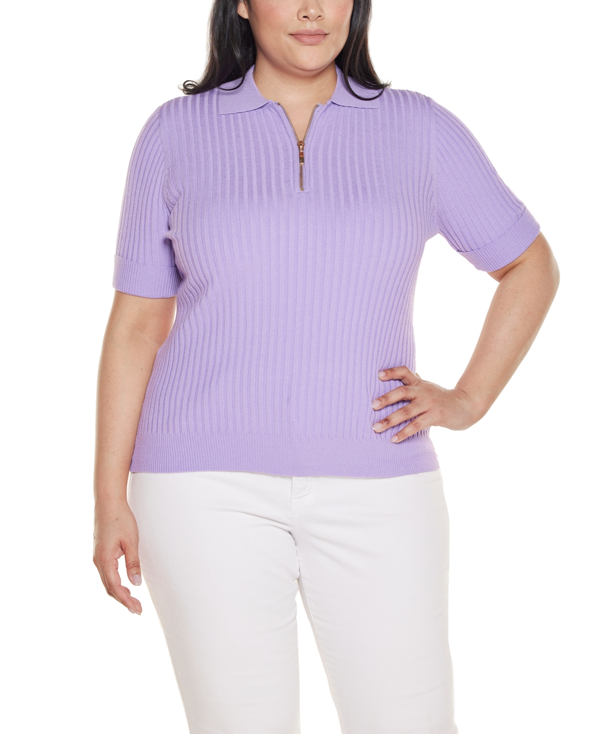 Click here for Belldini Plus Size Collared Quarter-Zip Ribbed-Kni... prices