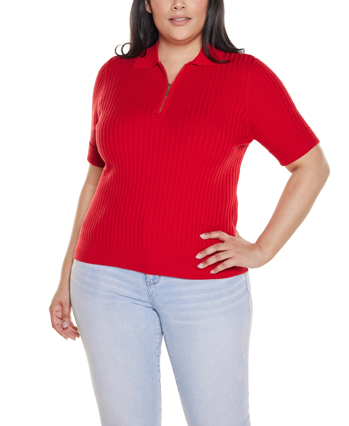 Click here for Belldini Plus Size Collared Quarter-Zip Ribbed-Kni... prices