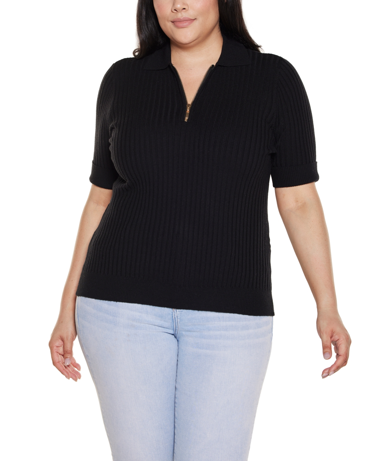 Click here for Belldini Plus Size Collared Quarter-Zip Ribbed-Kni... prices
