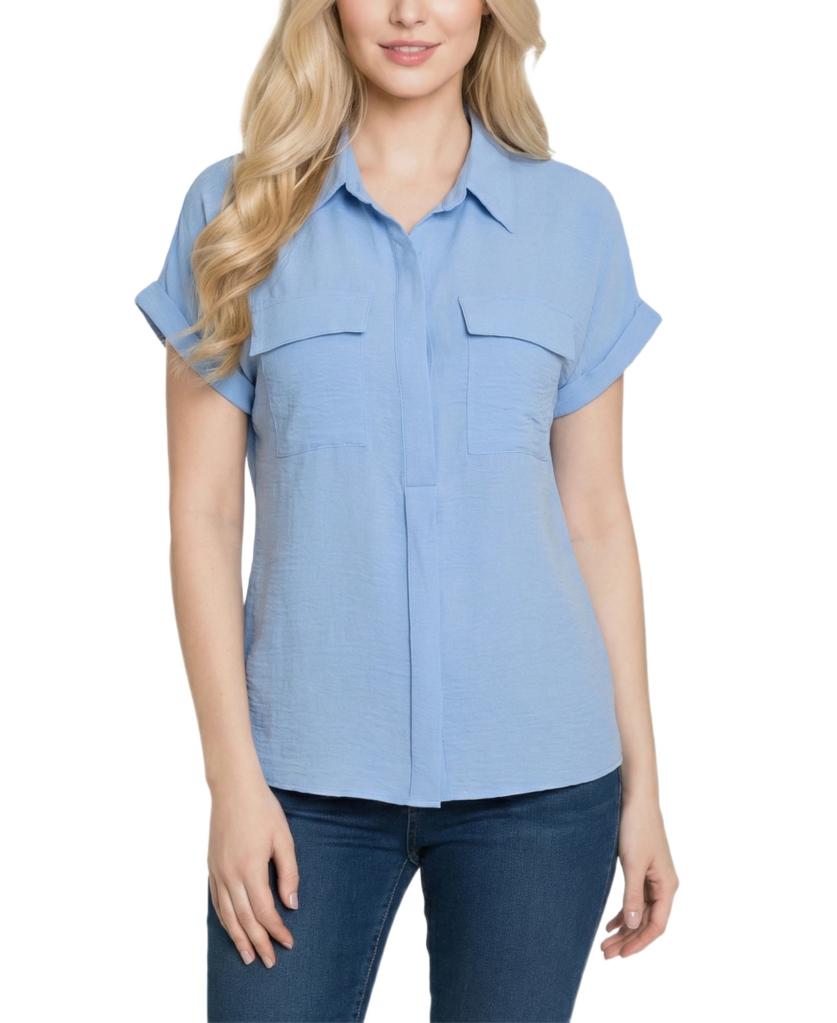 Click here for Ny Collection Petite Short Sleeve Roll Cuff Blouse... prices