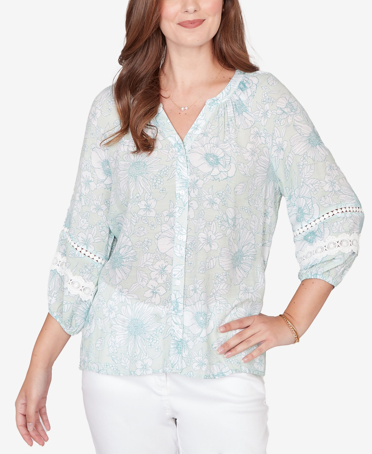 Click here for Ruby Rd. Petite Floral Silky Gauze Peasant Top - A... prices