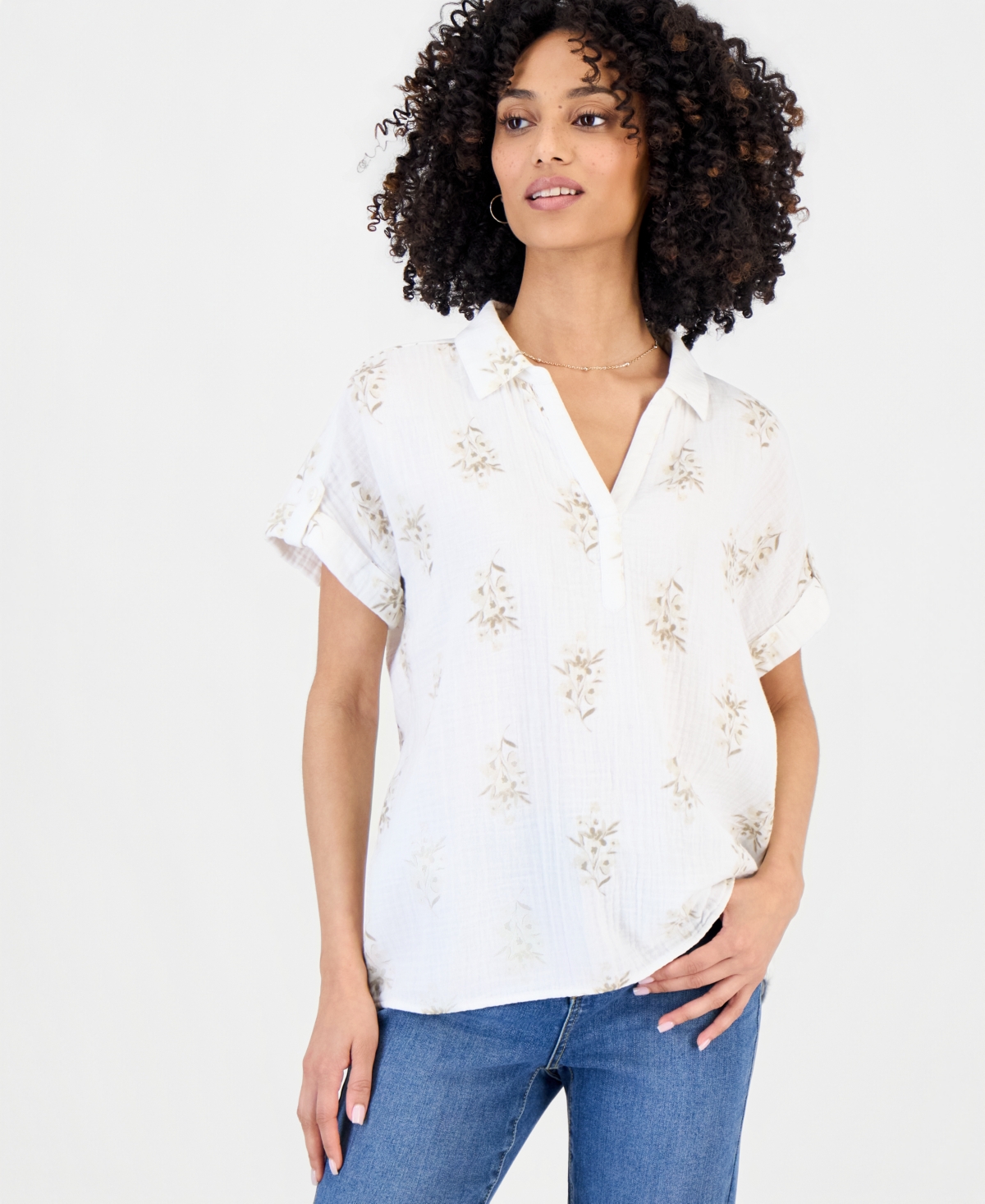 Click here for Style & Co Petite Cotton Printed Collared Popover... prices