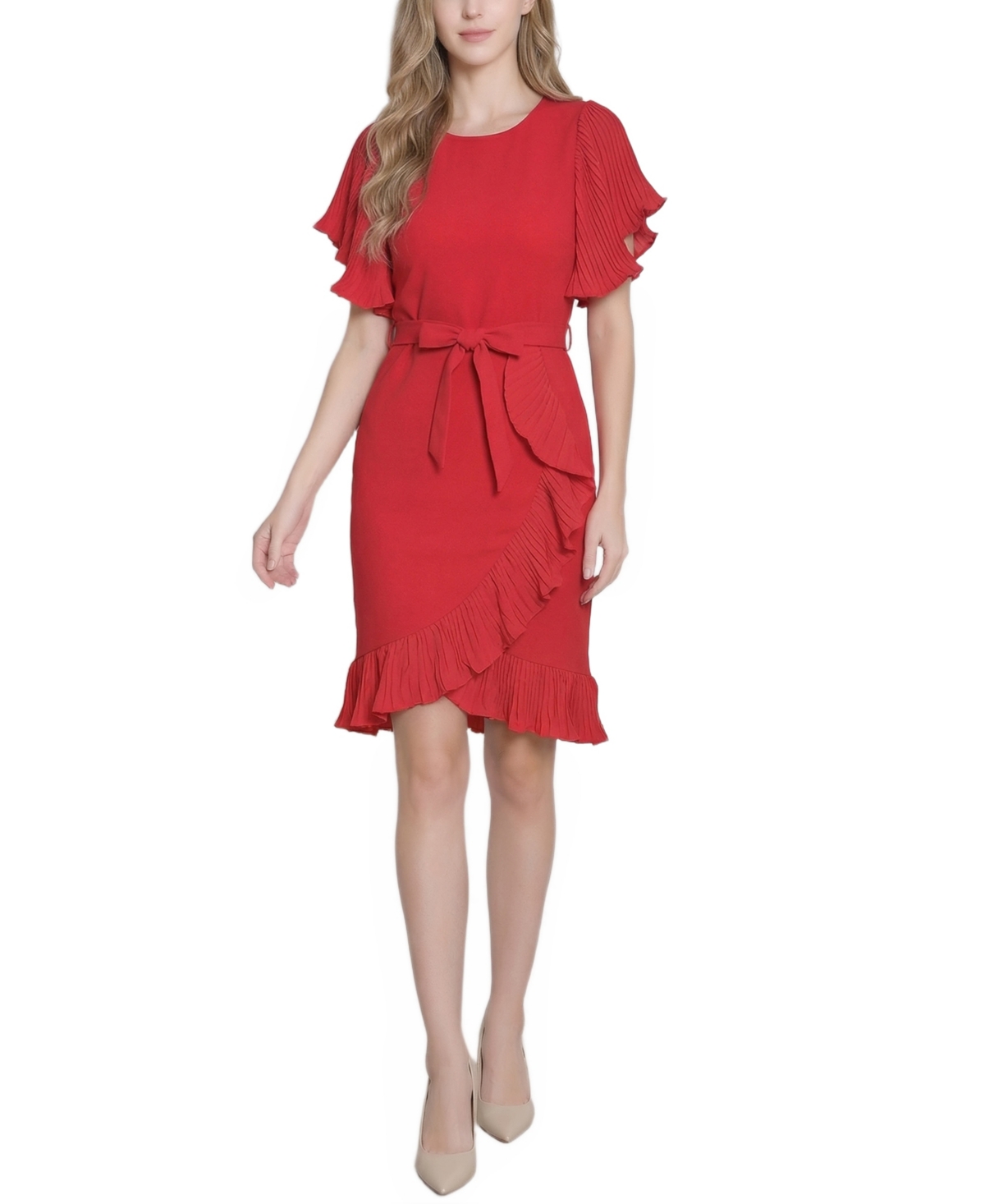 Click here for Ny Collection Womens Short-Sleeve Pleated Ruffle D... prices