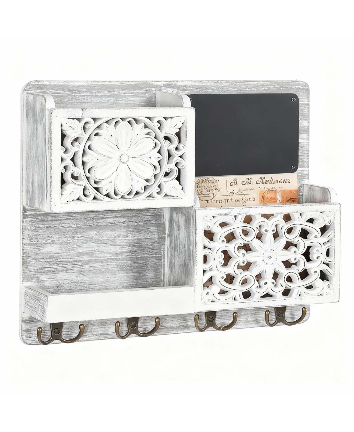 Click here for Wooden Mail Rack with 2 Slots & 3 Hooks for Keys a... prices