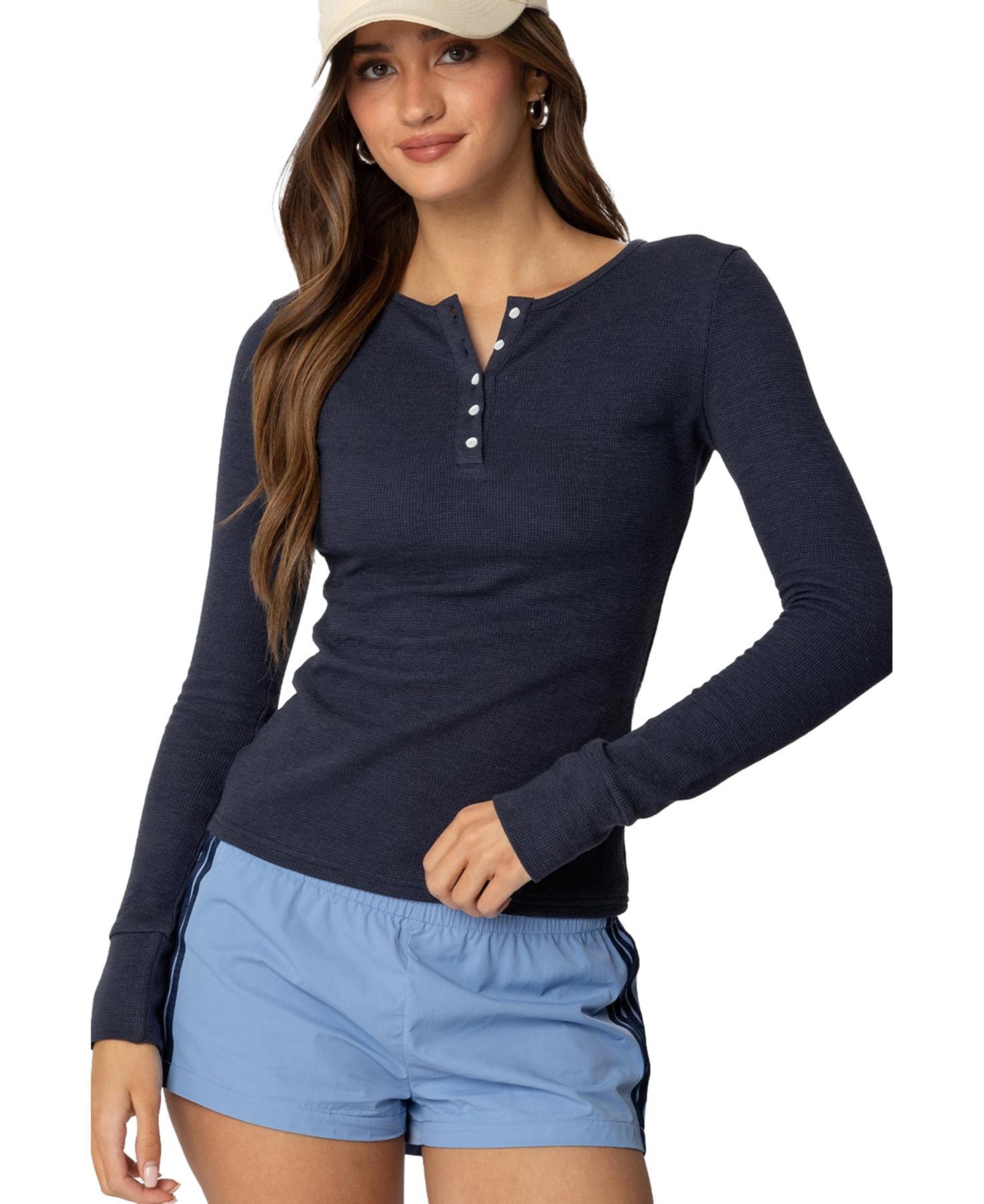 Click here for Edikted Womens Helaine Waffle Henley T Shirt - Dar... prices