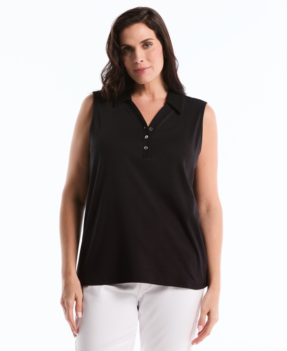 Click here for Rafaella Plus Size Sleeveless Polo Top - Black prices
