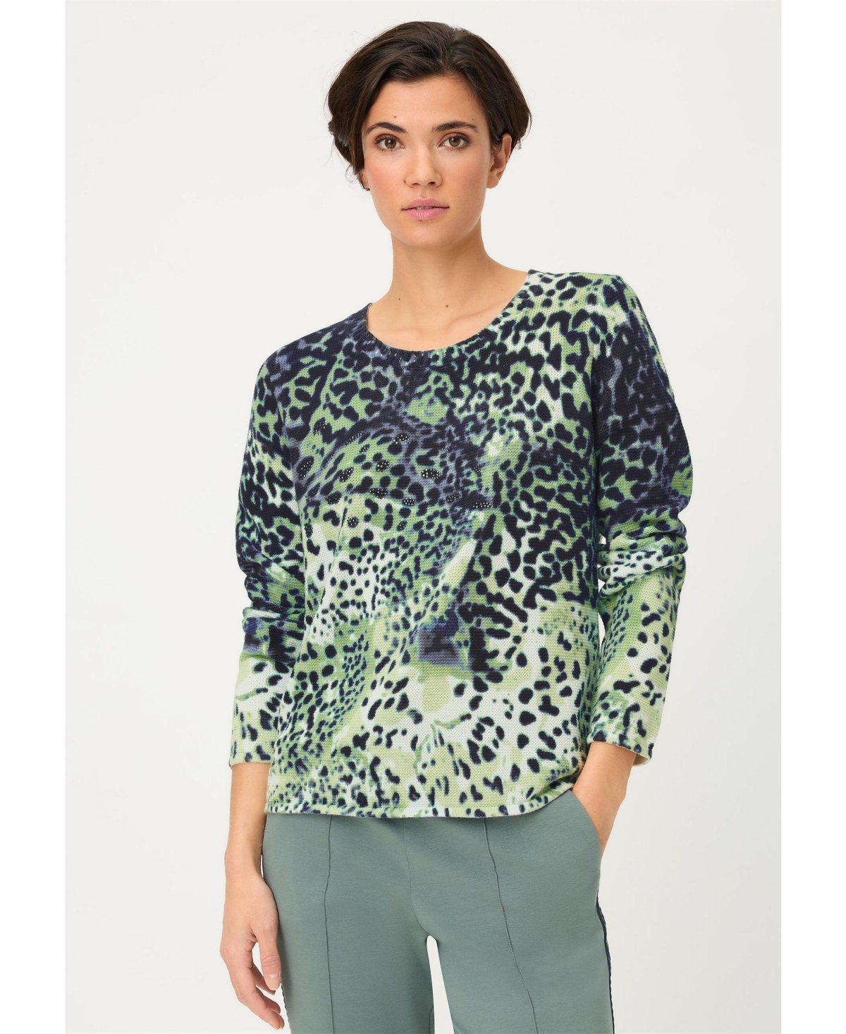Click here for Olsen Womens Animal Print Camo Sweater - True navy prices