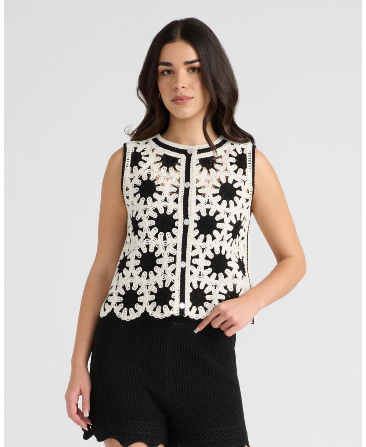 Click here for Nvlt Womens Crochet Button Front Vest - Black/ mar... prices