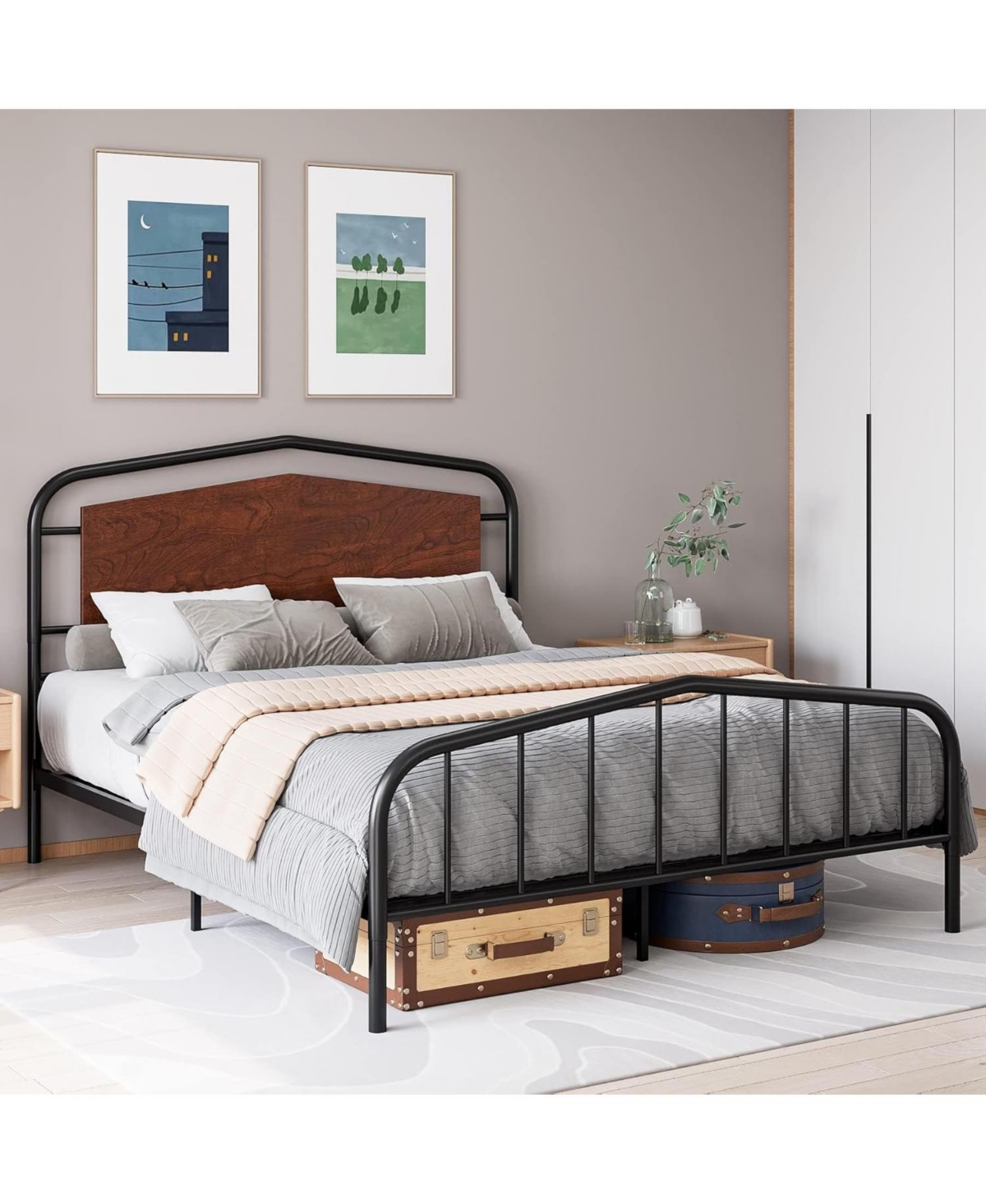 Click here for gaomon Metal Bed Frame with Wooden Headboard  Wrou... prices