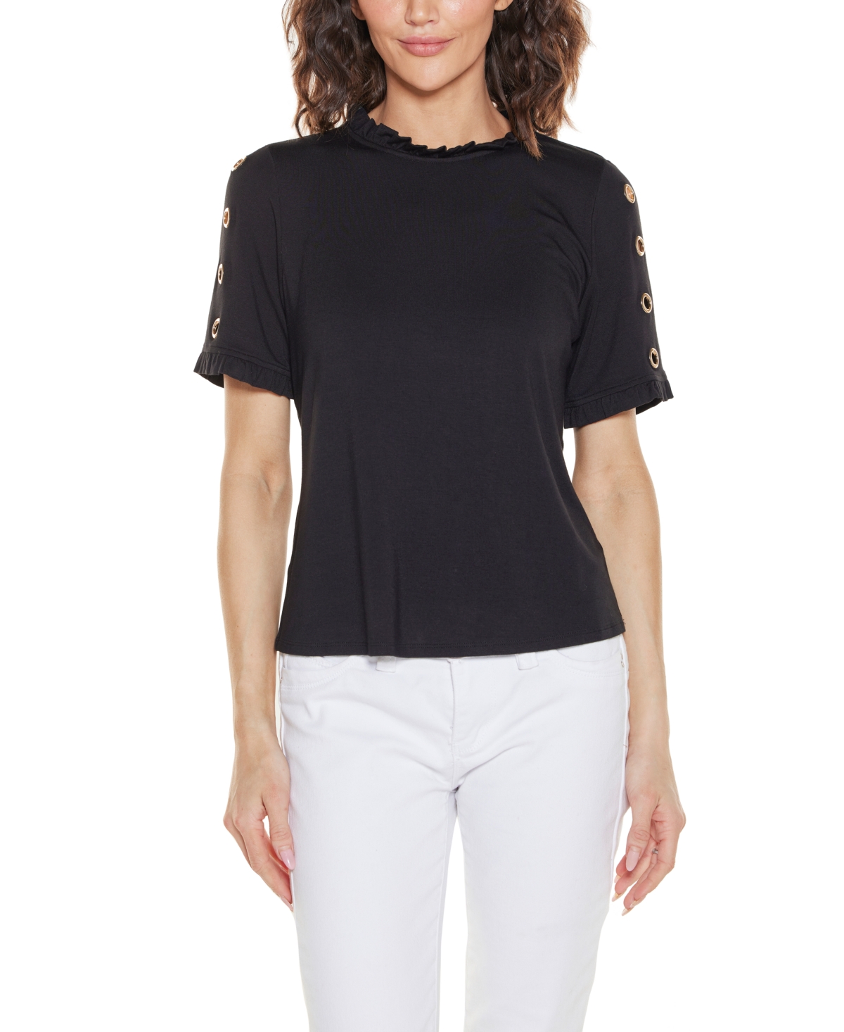 Click here for Belldini Womens Ruffle Trim Grommet Knit Top - Bla... prices