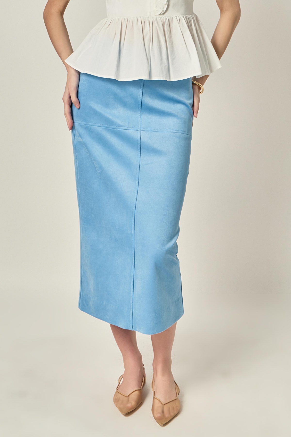 Click here for English Factory Womens Suede Midi Skirt - Slate bl... prices