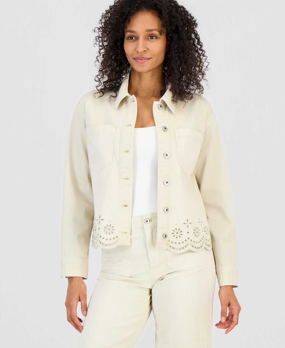 Click here for Style & Co Womens Cropped Embroidered Shacket  Mac... prices