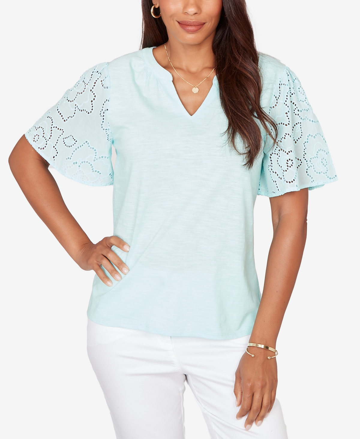 Click here for Ruby Rd. Plus Size Eyelet Sleeve Cotton Jersey Top... prices